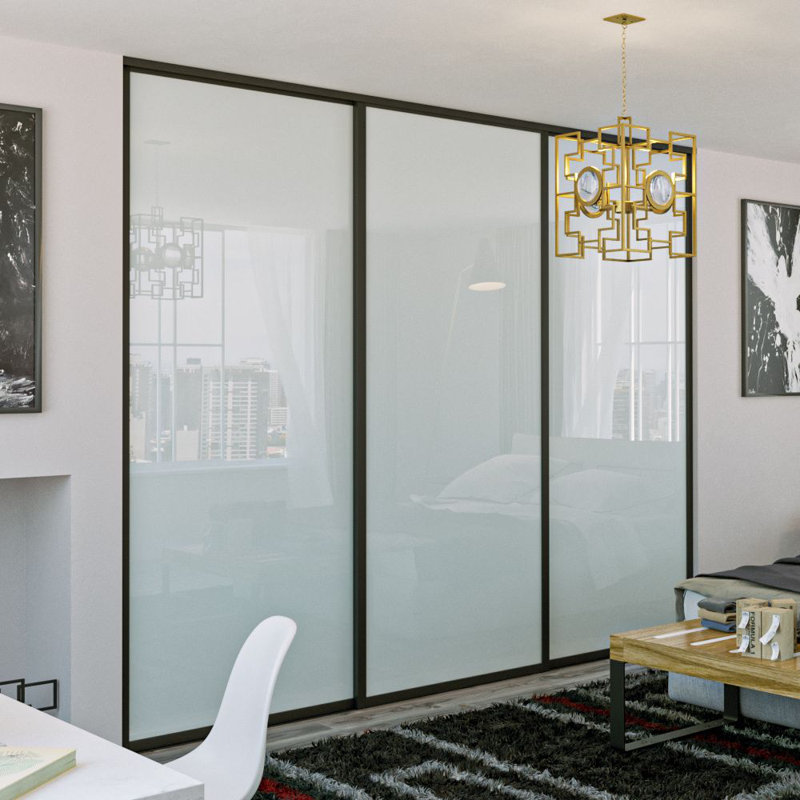 3 Panel Milky Glass Sliding Closet Doors Aluminum Frame with Silent Glide Technology 90 W x 80 H Matte Black